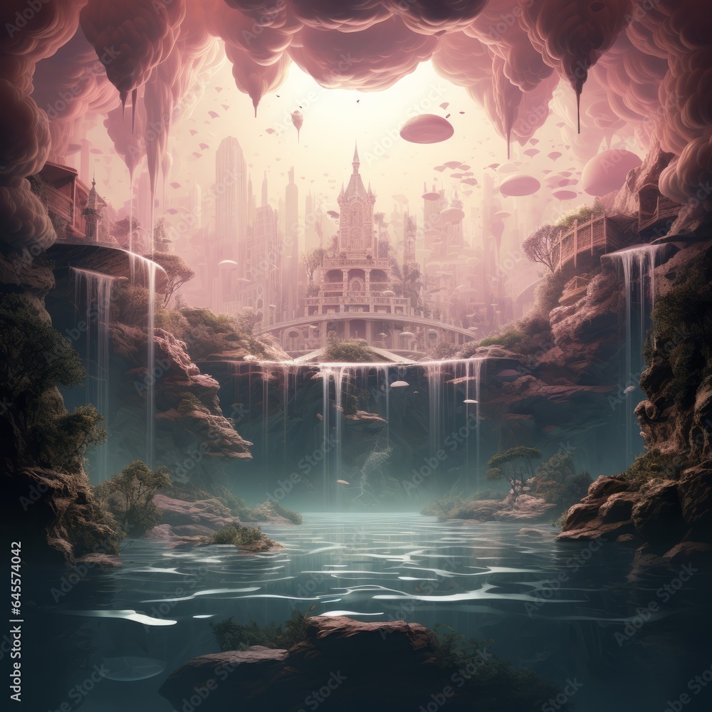 Pink Fantasy Landscape with Castle, water flowing, cave like world ...