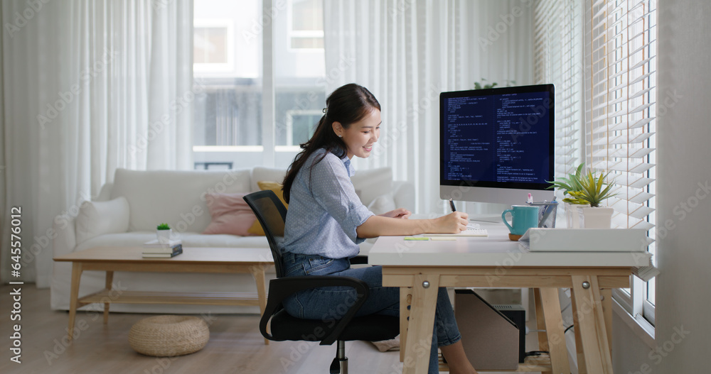 New possible digital transformation workforce. Asia young woman happy work at home office self ...