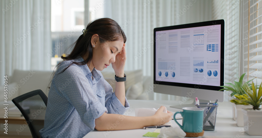 Asia people young lady remote workforce work on leave day got bad cold ...