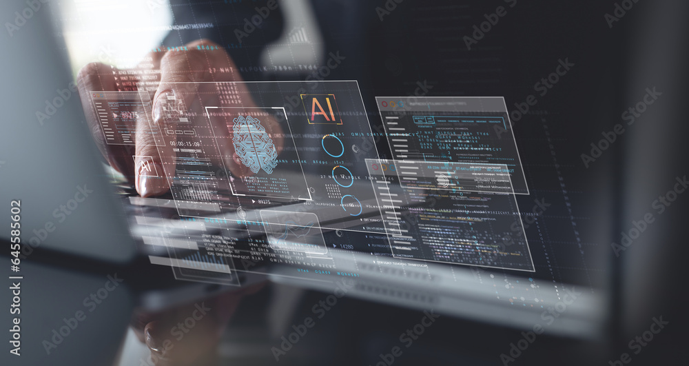 AI Artificial Intelligence. Business woman using AI technology for data analysis, coding ...