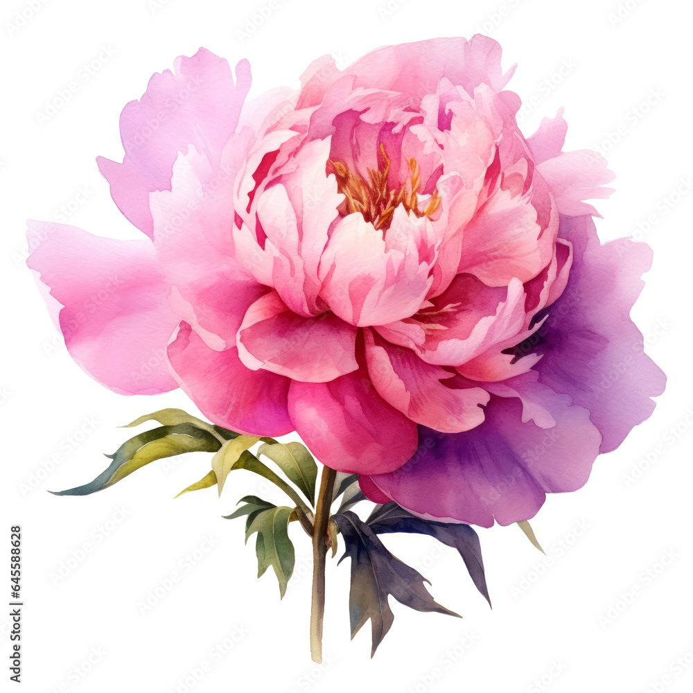 Pink peony flower watercolor clipart on transparent background ...