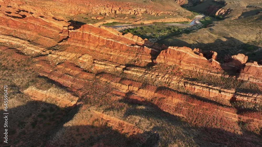Aerial Virgin River gorge St George Utah red rock ridge 2. Red stone ...