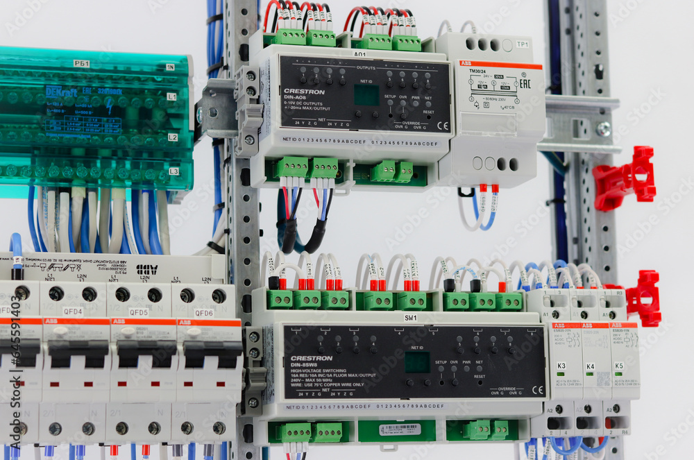 Crestron automation modules in an electrical switchboard. Stock Photo ...