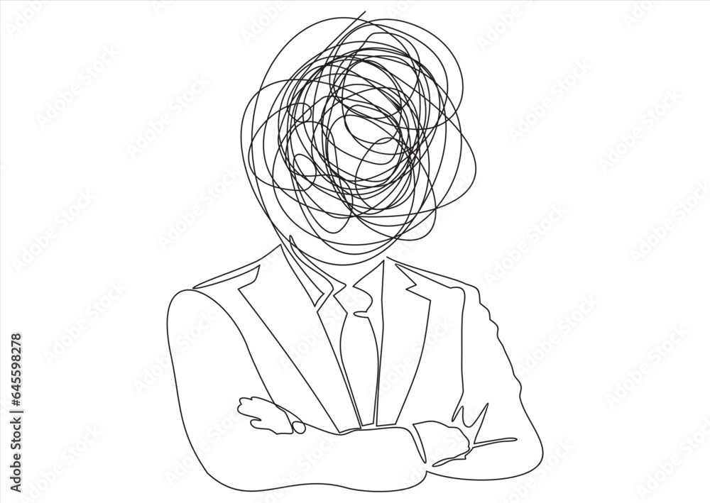 Continuous one line drawing of man head with messy thoughts worried ...