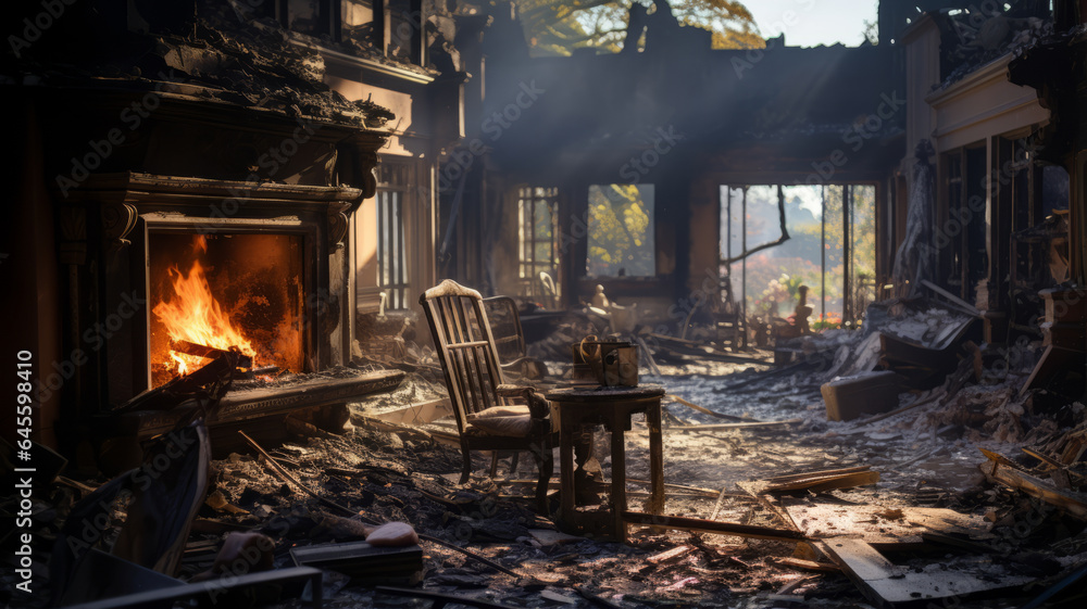photograph of Aftermath of a house fire. Ruined house interior in ...