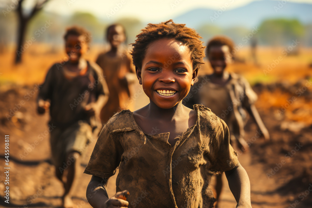 Vibrant scene of ecstatic African children in plain clothing, rushing ...