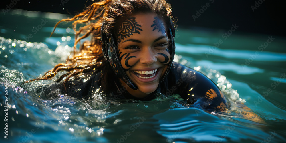 Vibrant Maori teenager joyfully diving into New Zealand's clear river ...