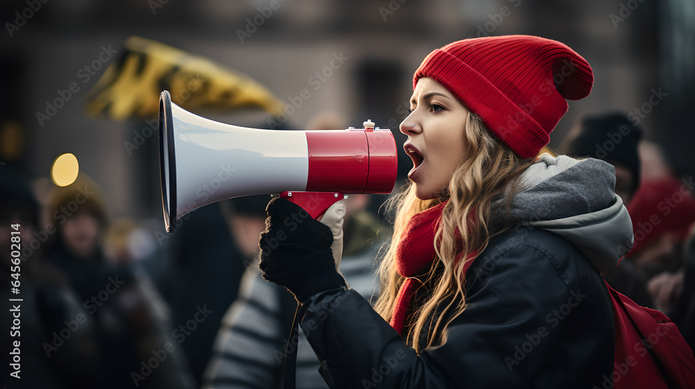 Female activist protesting using megaphone and giving a speech. Young ...