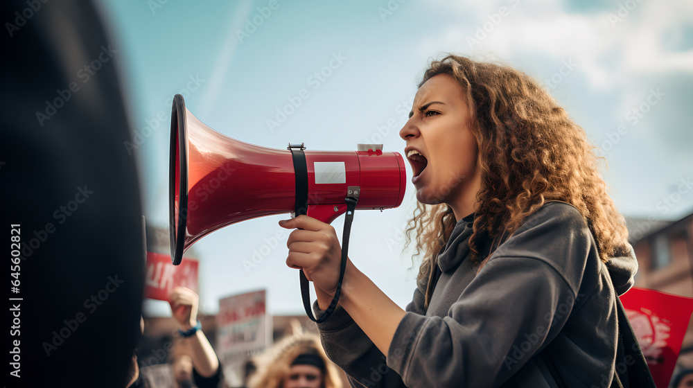 Female activist protesting using megaphone and giving a speech. Young ...