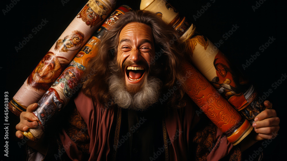 Enchanting Rabbi in traditional attire balances with joy while juggling ...