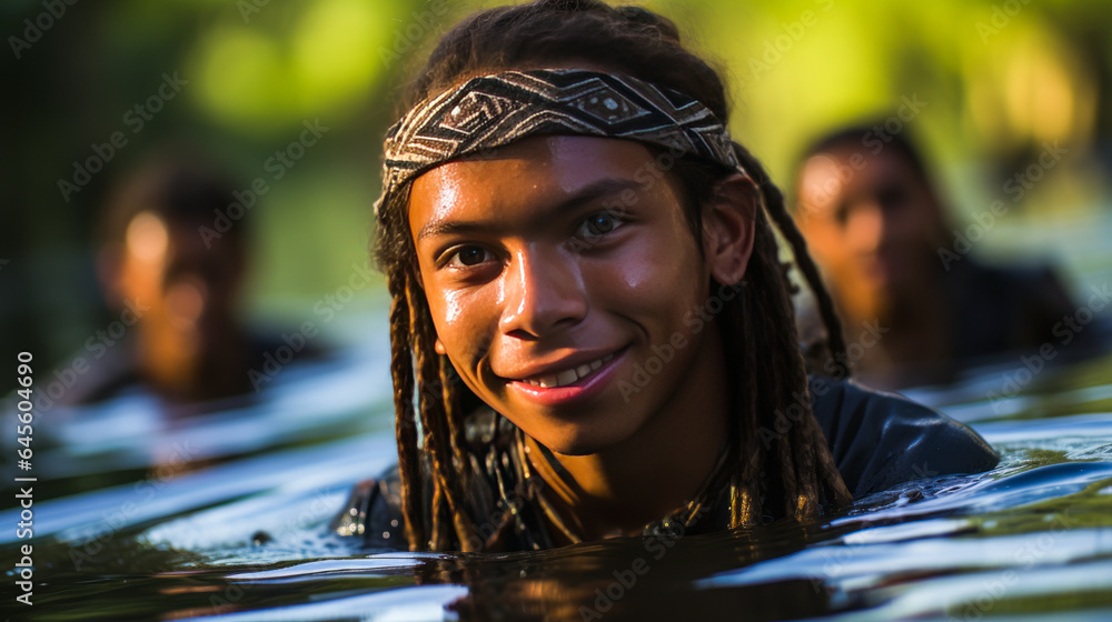 Vibrant depiction of a joyful indigenous teenager swimming in the ...