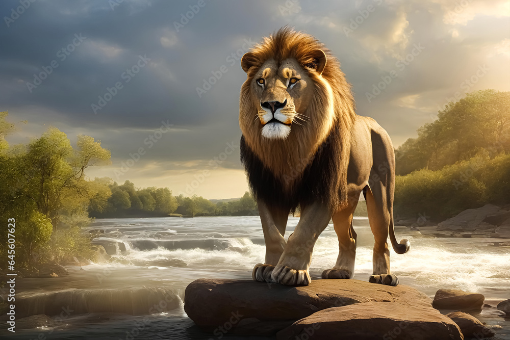 Foto de Hyper realistic a powerful lion standing proudly on the banks ...