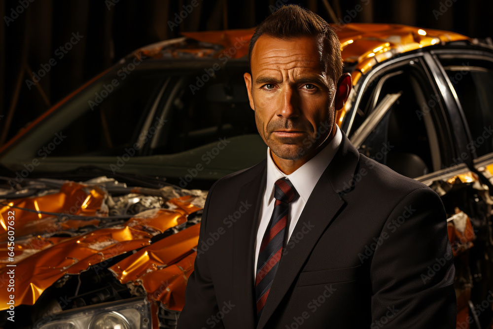 Captivating scene of a professional insurance adjuster in suit and hard ...