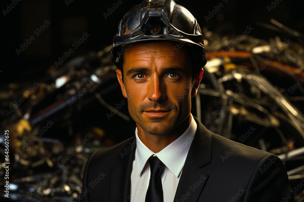 Compelling scene of meticulous insurance adjuster in suit and hard hat ...