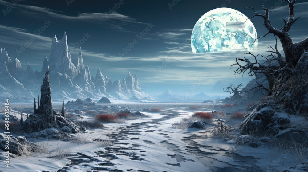 A hyper-realistic fantasy tundra in winter with icy winds shaping snow ...