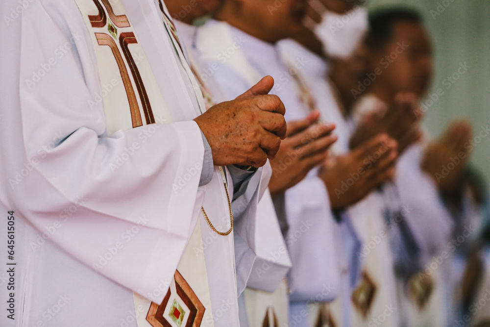 Rear view of the hands of a catholic priest during a religious ceremony ...