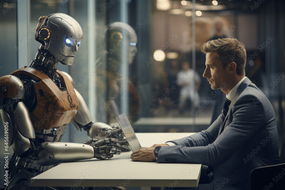 business professionals and a humanoid AI robot are depicted in a ...
