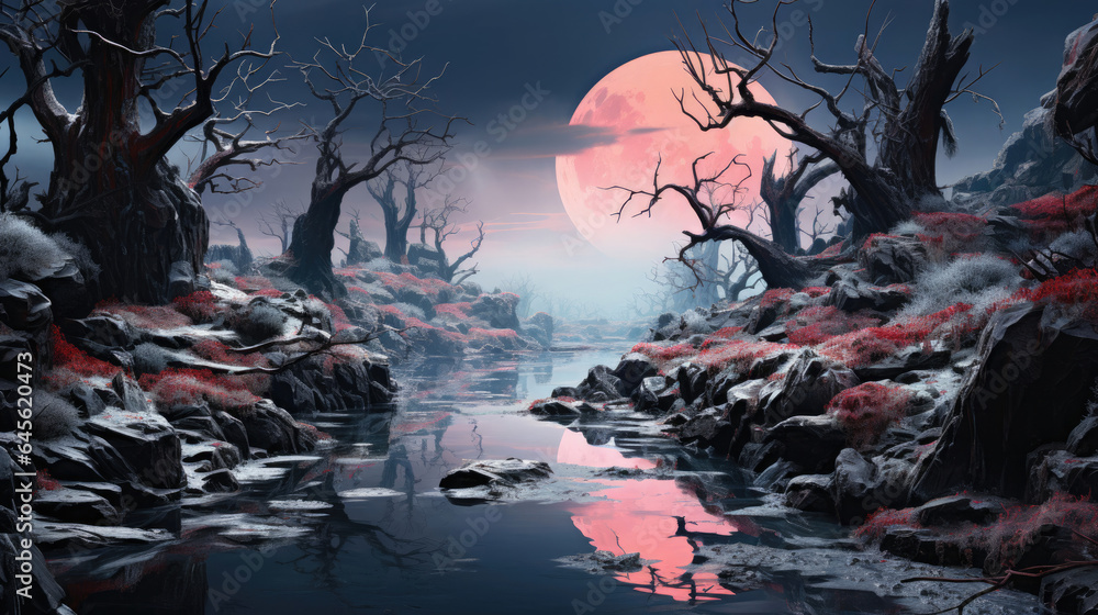 Hyper-realistic fantasy swamp in winter with frost-covered waters ...