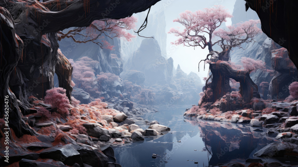 Hyper-realistic fantasy swamp in winter with frost-covered waters ...