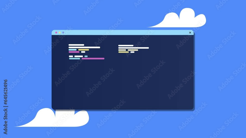 abstract cartoon stylized 2d programming window with moving shapes in ...