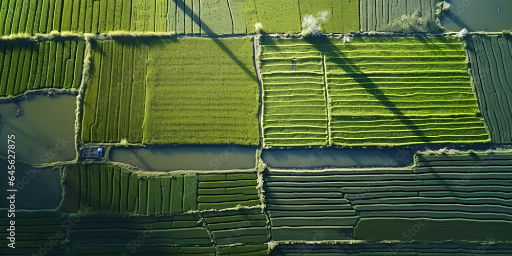 overlook of green rice fields aerial view of rice fields with a cast ...