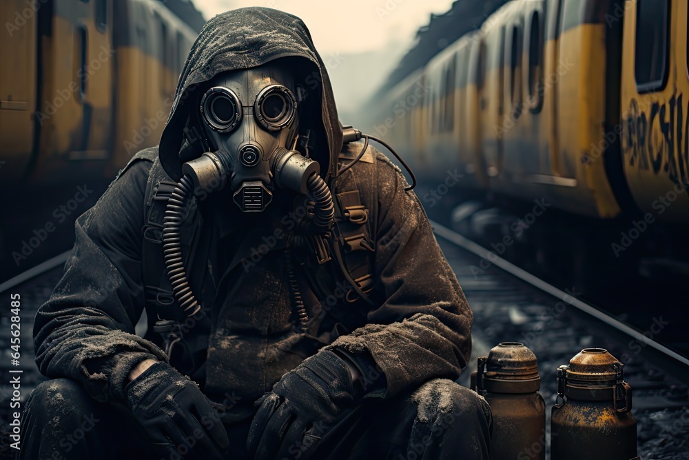 Mężczyzna w kombinezonie ochronnym i masce przeciwgazowej na torach ...