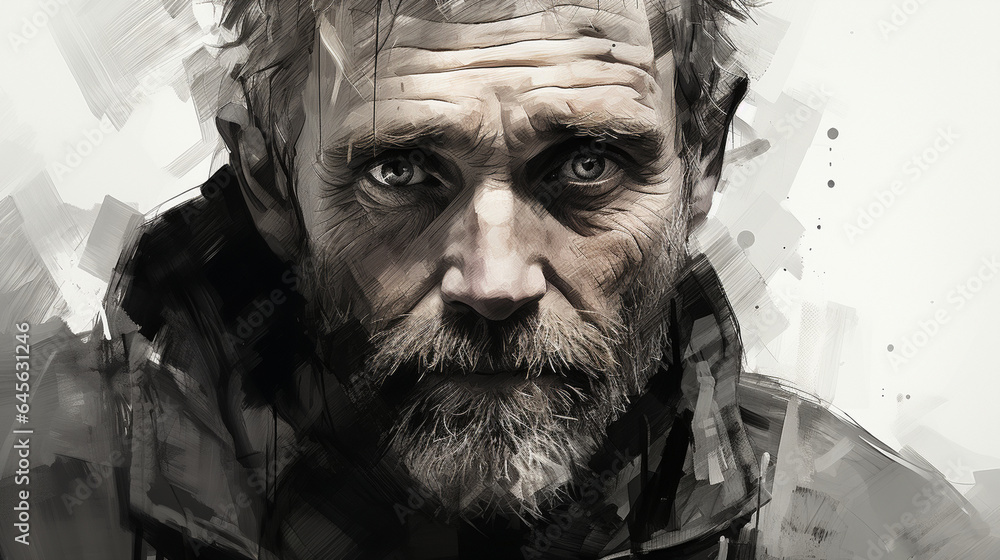 An emotional pencil sketch of a war veteran, displaying the scars of ...