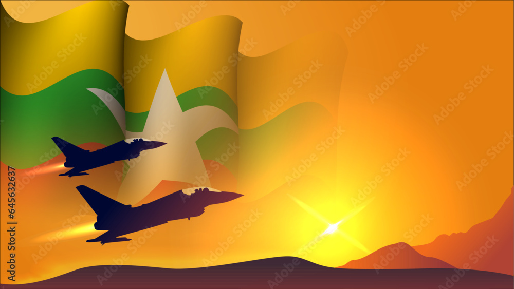 fighter jet plane with myanmar waving flag background design with ...
