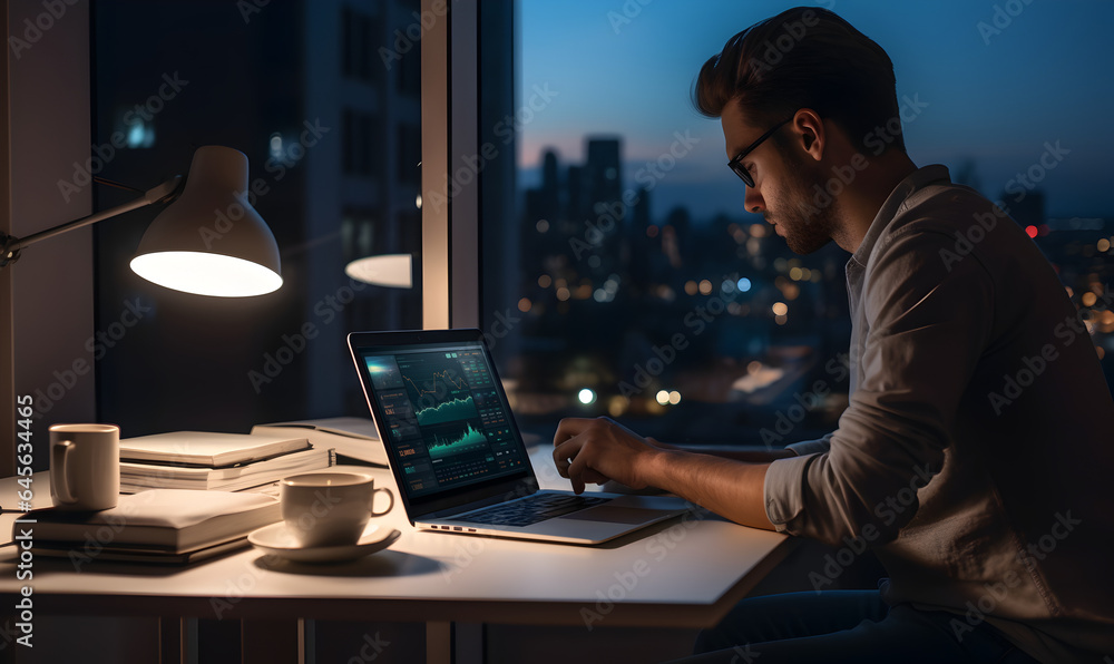 jeune homme qui travail depuis chez lui sur son ordinateur portable en télétravail Stock Photo ...