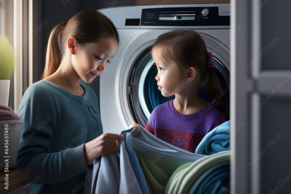 two little sisters loading inside washing machine. 2 female girls ...