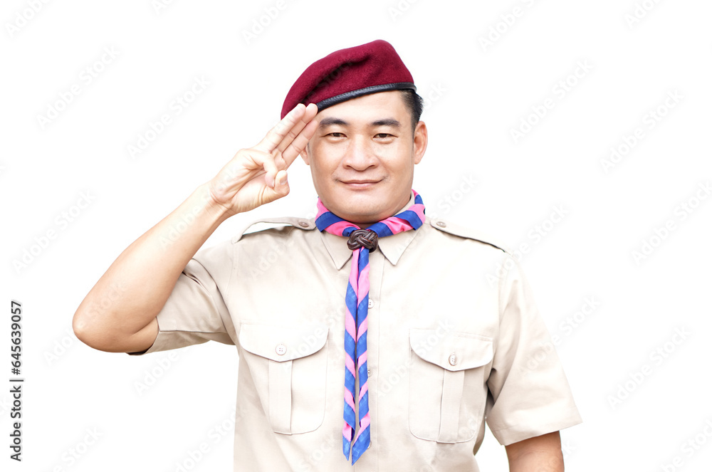 Handsome Asian man wear boy scout uniform, red cap, blue and pink ...