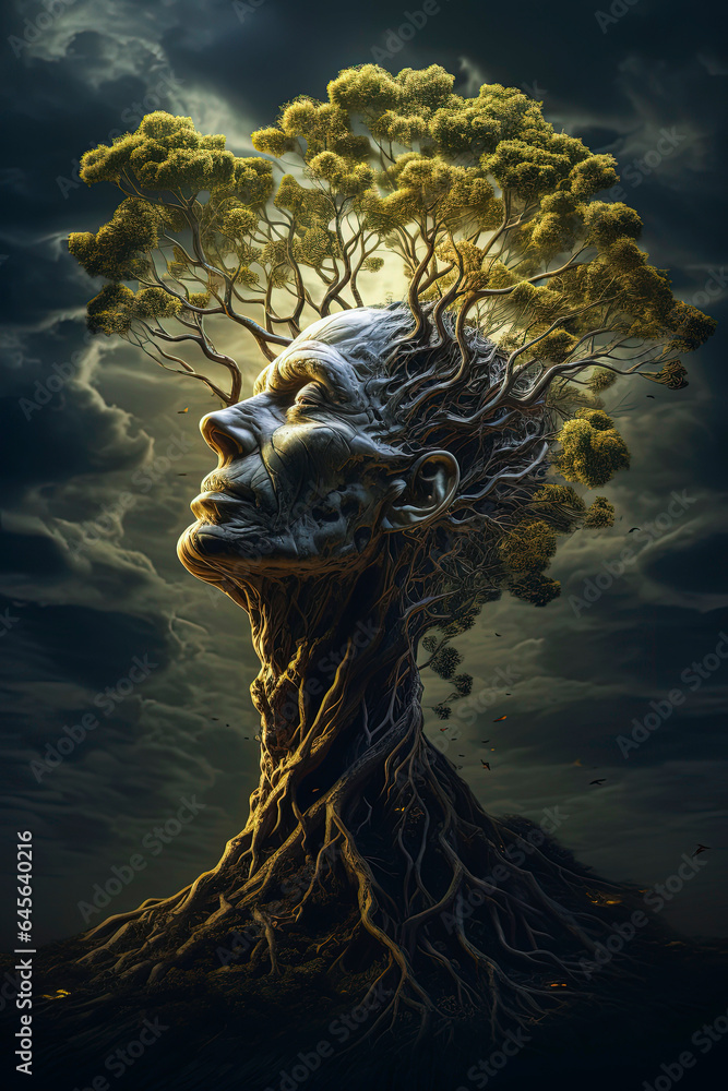 Generative AI illustration of man in front of a big tree, sustainable ...