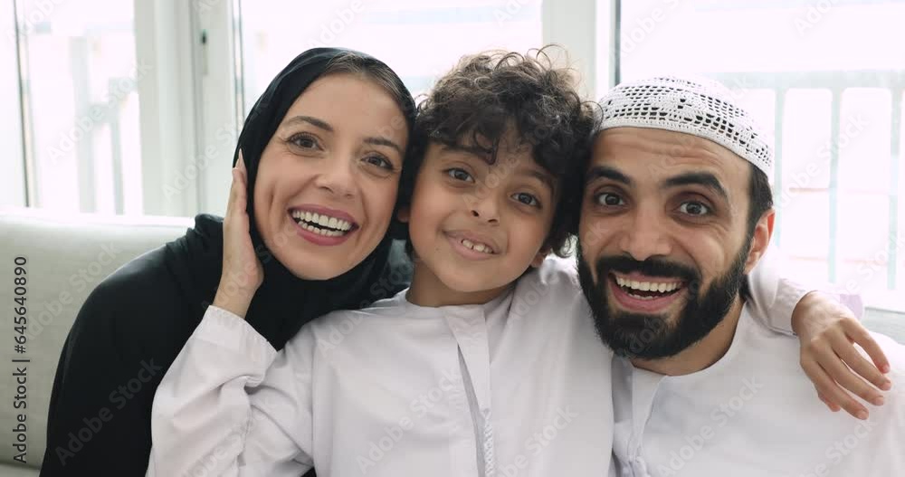 Close up portrait loving Muslim family with little 5s son in ...