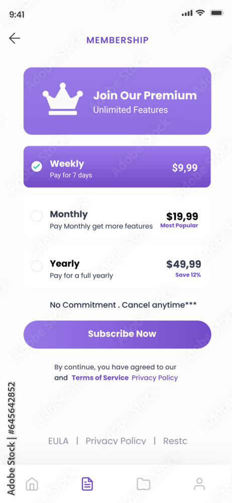 Membership and Basic, Premium Subscription Plans and Profile Screen App ...