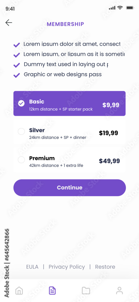 Membership and Basic, Premium Subscription Plans and Profile Screen App ...
