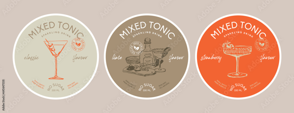 Vector round packaging label design template collection with beverage ...