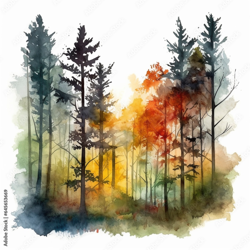 Watercolor forest illustration of fading trees in a forest Stock ...