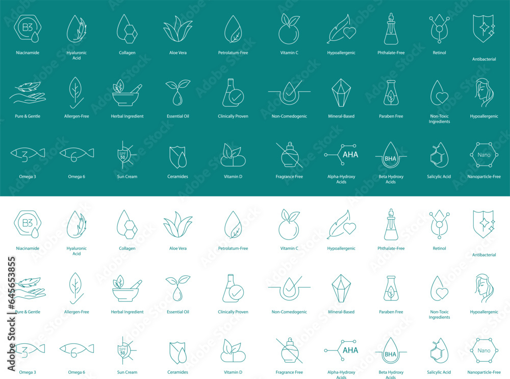Skincare Power Ingredients Icons: Niacinamide, Hyaluronic Acid ...