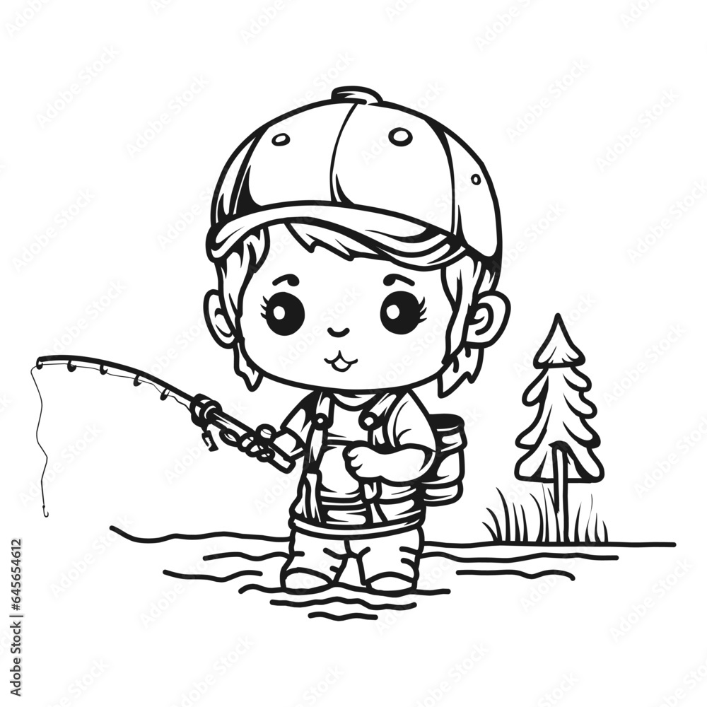 Cute chibi fishing character coloring in black and white illustration ...