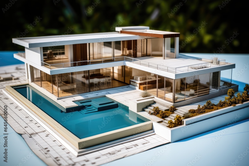 A modern architectural model of a house with a pool sitting on ...