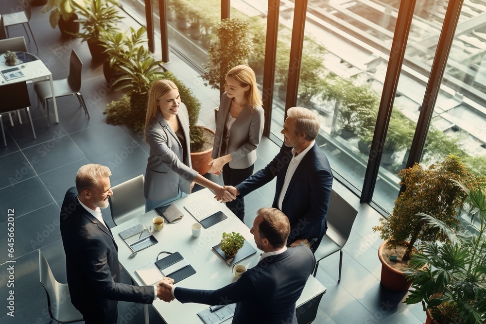 Happy business team shaking hands with clients in the office Smiling ...