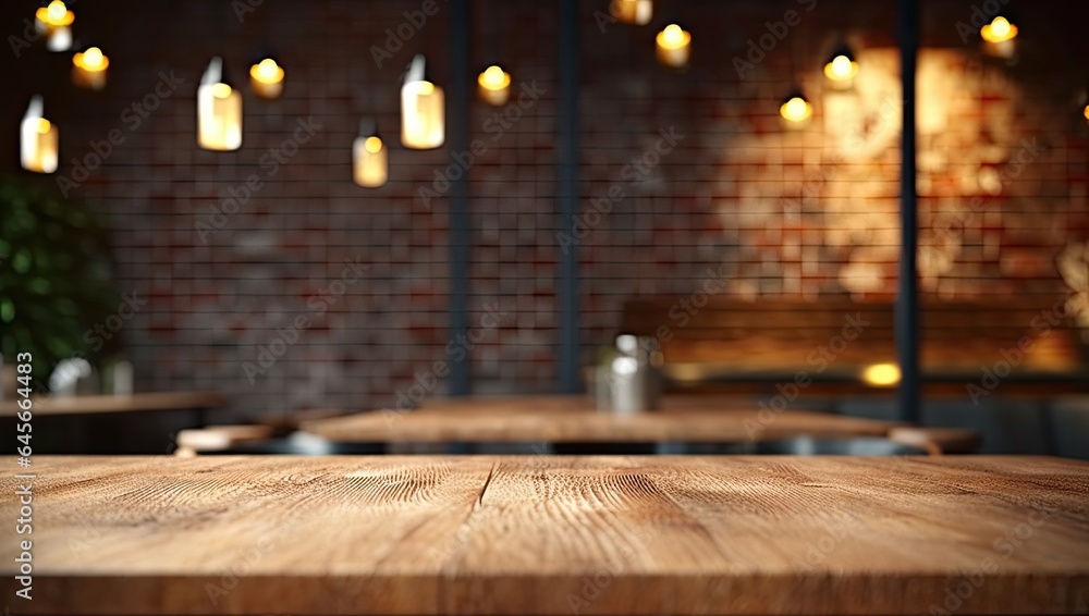 Rustic charm. Empty wooden table in vintage cafe. Blurred tabletop in ...