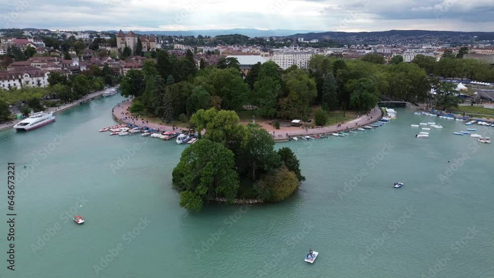 Annecy city center panoramic aerial view over the old town, castle ...