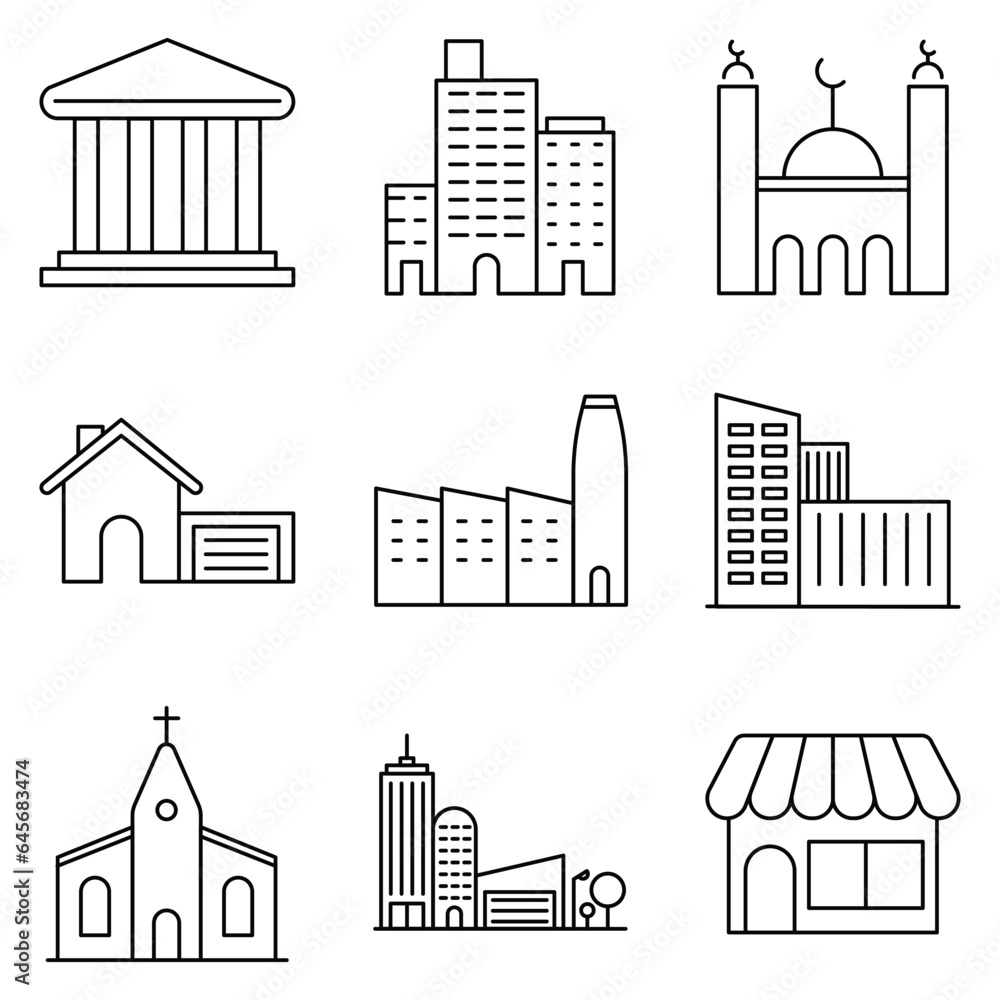Stroke line icons set of buildings. Simple symbols for app development ...