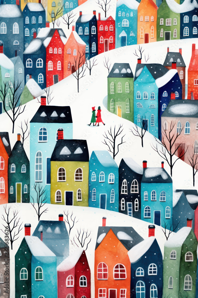 illustration of a colorful snowy village December/christmas cottage ...