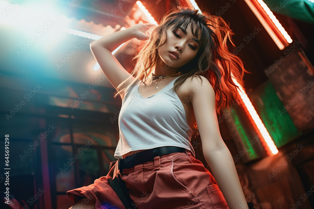 Young Gen Z Asian dancer, woman dancing in style of hip hop aesthetics ...