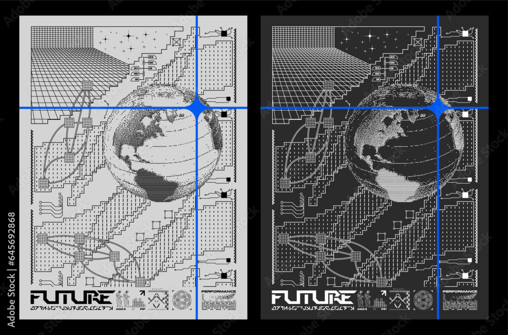 Retro Y2K poster earth sphere. Dither effect. Print in techno style ...