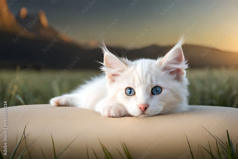 A fresh-faced albino kitten donning immaculate white fur, peering out ...