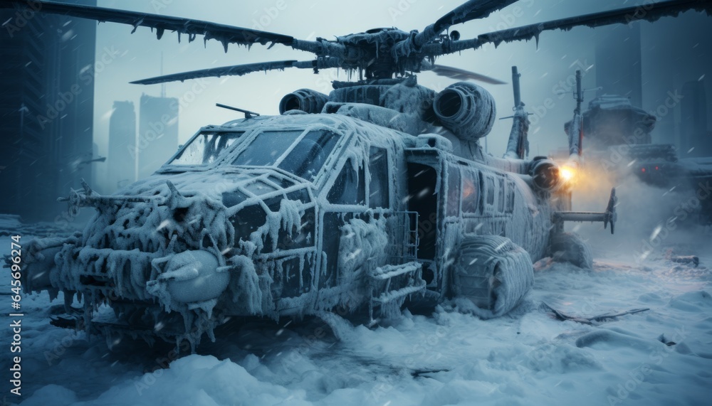 An ice age on a planetary scale, a frozen helicopter against the ...