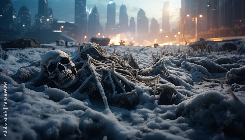 An ice age on a planetary scale, a frozen human skeleton against the ...